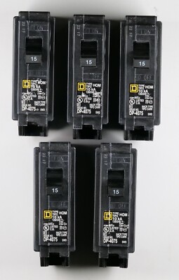 5 x Square D HOM115 15 Amp 120V / 240V DP-4075 HACR Type HOM 10 kA ...