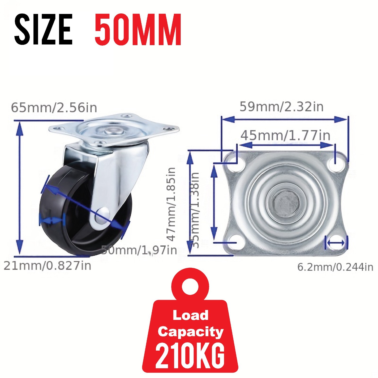 4x Castor Wheels 50mm Heavy Duty Swivel Trolley Black Caster Rubber ...