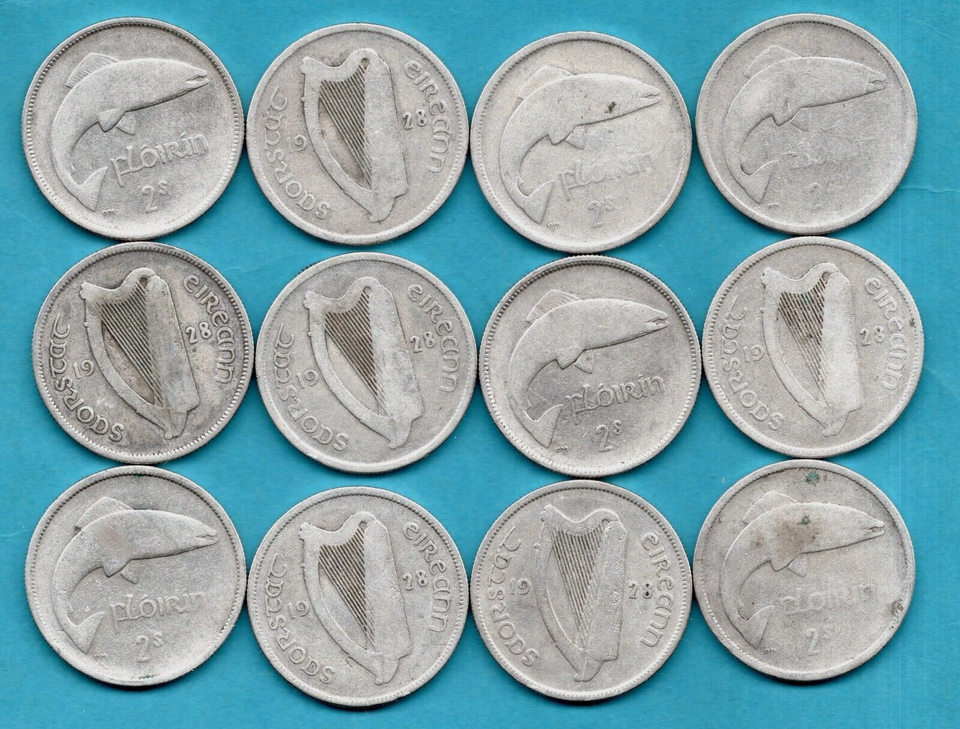12 X IRISH SILVER FLORIN COINS DATED 1928. SALMON. EIRE. IRELAND JOB ...