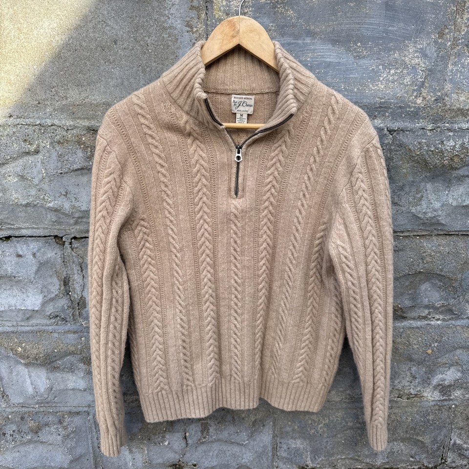 J Crew Merino Wool Beige Cable Knit 1/4 Zip Sweater Men’s Medium Rugged ...