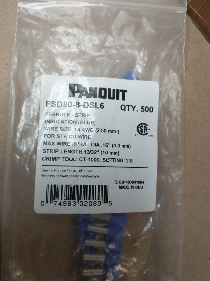 106, Panduit FSD80-8-DSL6 Ferrule Strip Blue 14 AWG | eBay