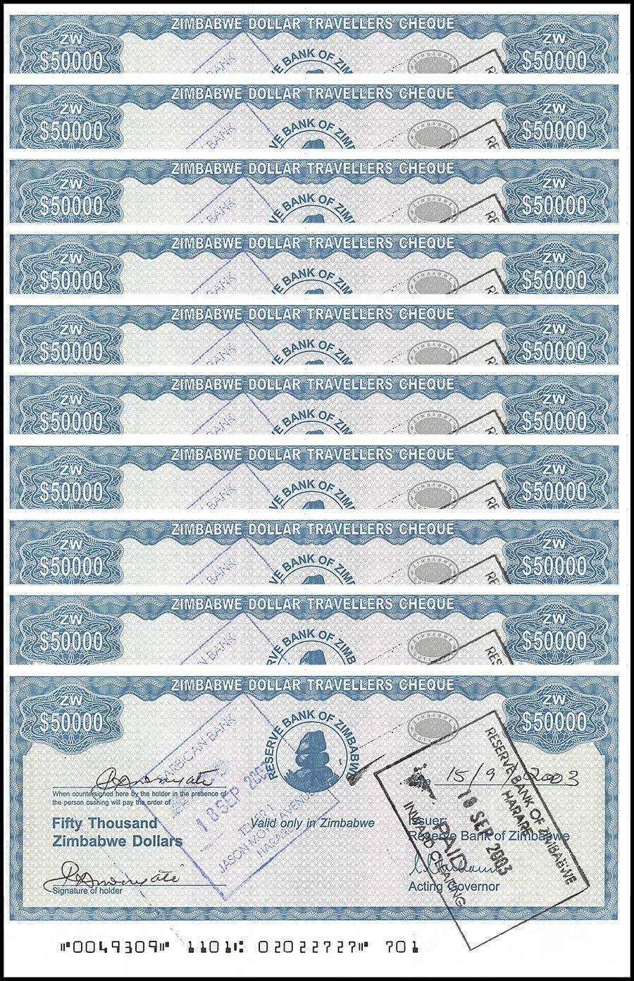 Zimbabwe 50000 Dollars Travellers Cheque, 2003 ND, P-19, Used X 10 PCS ...