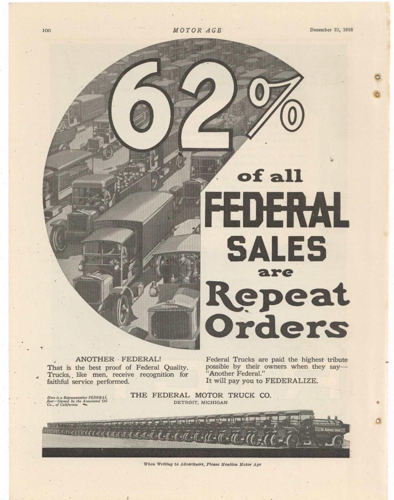 1916 Federal Trucks Ad: 62% Repeat Orders. Pays to Federalize! Detroit ...
