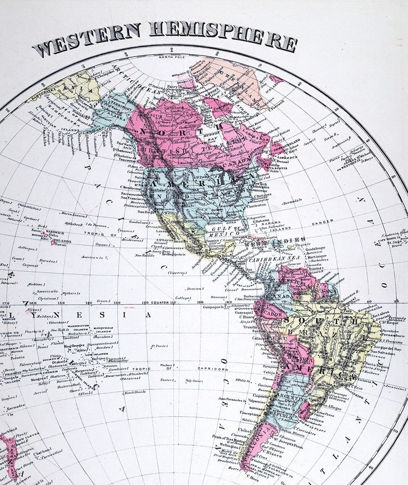 1876 Warner Beers World Map Western Hemisphere North South America US ...