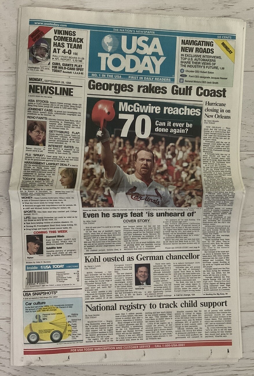 USA Today September 28 , 1998 McGuire Hits 70. Beautiful Full Newspaper ...