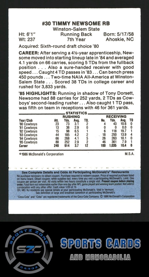 Timmy Newsome - 1986 McDonald's Dallas Cowboys Blue Tab | eBay