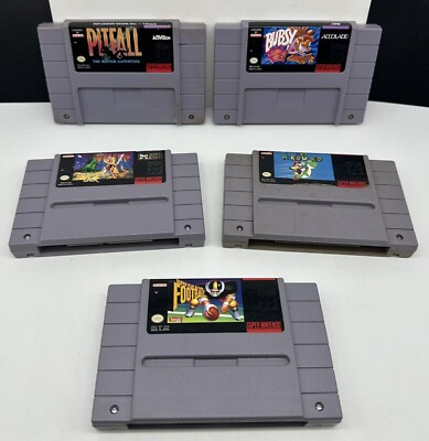 Lot 5 Super Nintendo SNES Games Bubsy Dragons Lair Pitfall Football ...