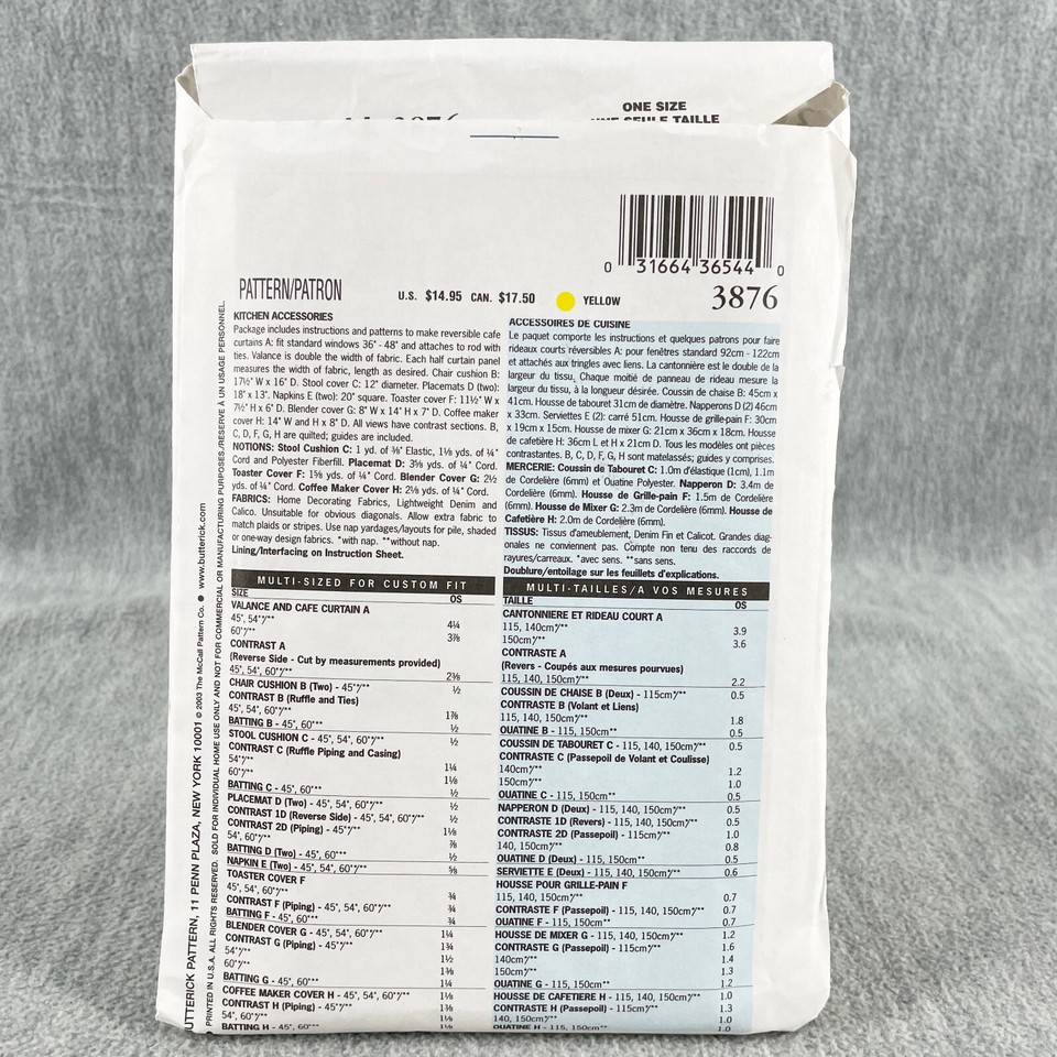 Butterick 3876 Kitchen Valance Curtains Cushion Placemat Appliance ...