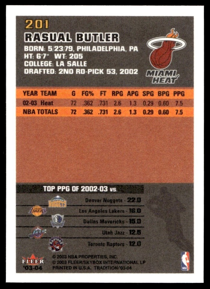 2003-04 Fleer Tradition Rasual Butler G42 Miami Heat #201 | eBay