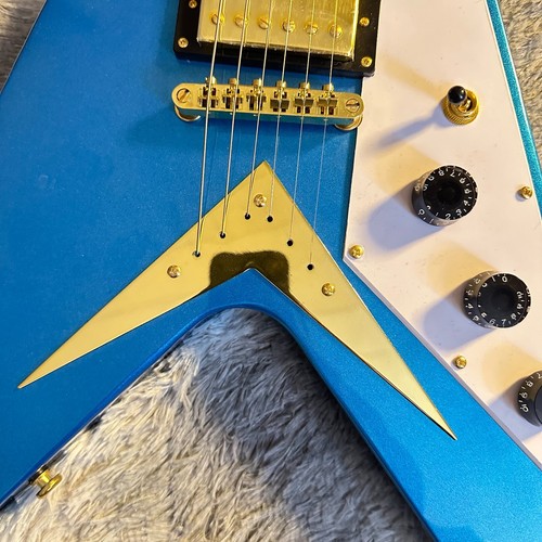 Blue Flying V Electric Guitar Solid Body HH Pickup White Pickguard Gold ...