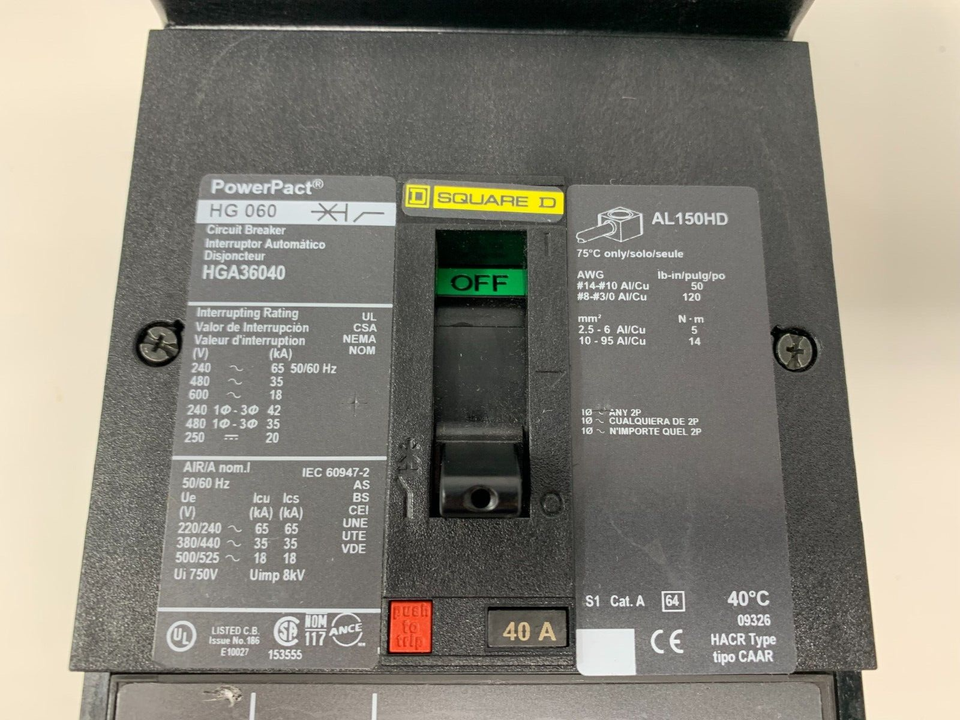 Square D HGA36040 PowerPacT I-Line Circuit Breaker 40A 600V 3P HG 060 ...