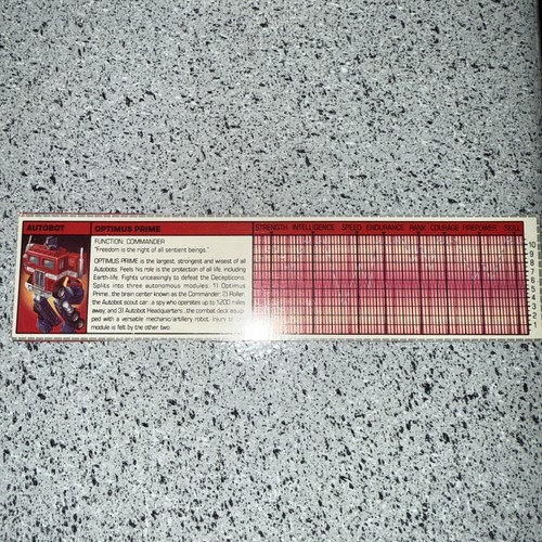 Transformers G1 TECH SPEC Card OPTIMUS PRIME 1984 | eBay