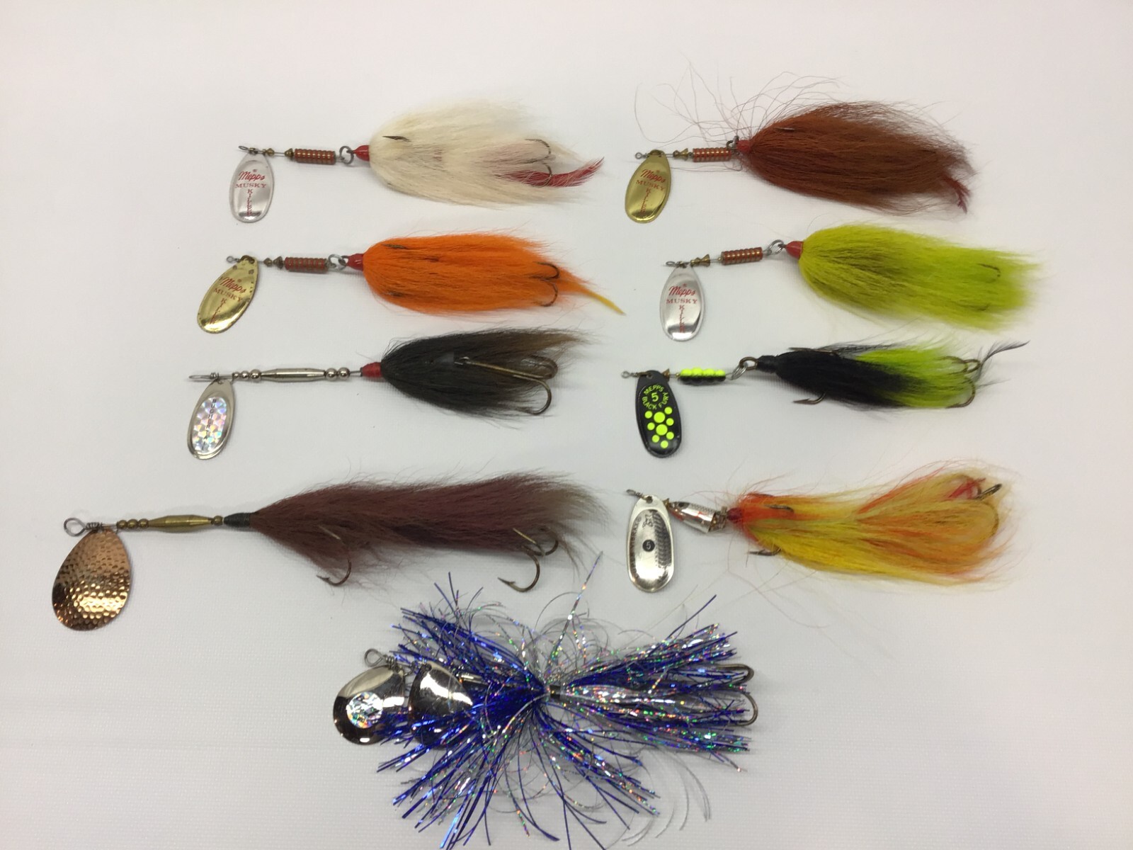 Lot of 9 Musky, Northern Spinner Baits, Mepps Bucher Mayhem Blue Fox ...