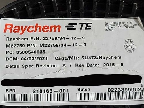 Raychem/TE M22759/34-12-9 #12awg XL-ETFE Spec 55 Hook-Up/Lead Wire ...