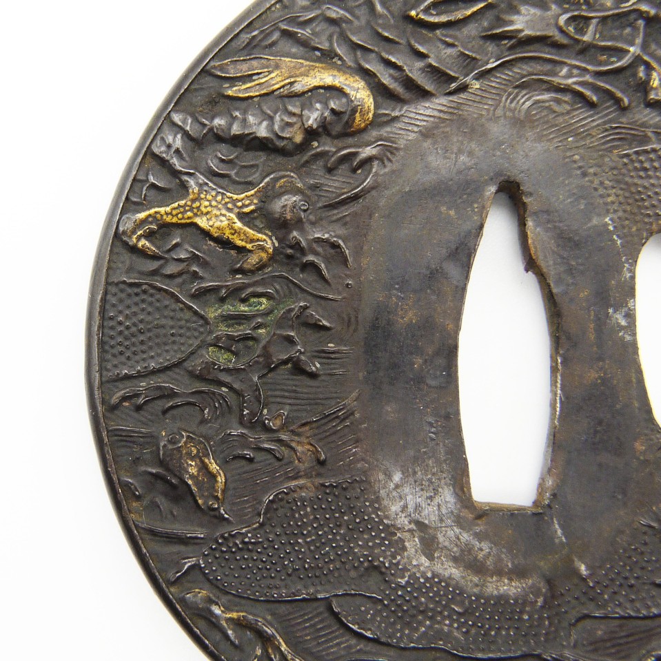Tsuba Dragon & Wave Japanese Antique Sword Fitting Samurai Katana ...