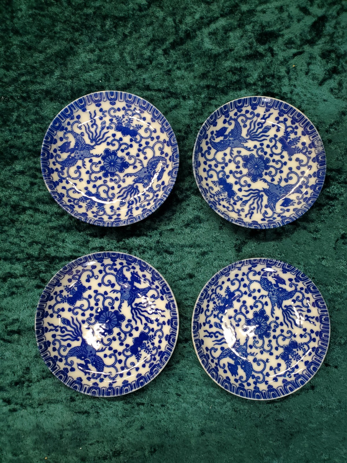 Vinatge blue phoenix bird china set of four 3 ½" coasters trinket dish ...