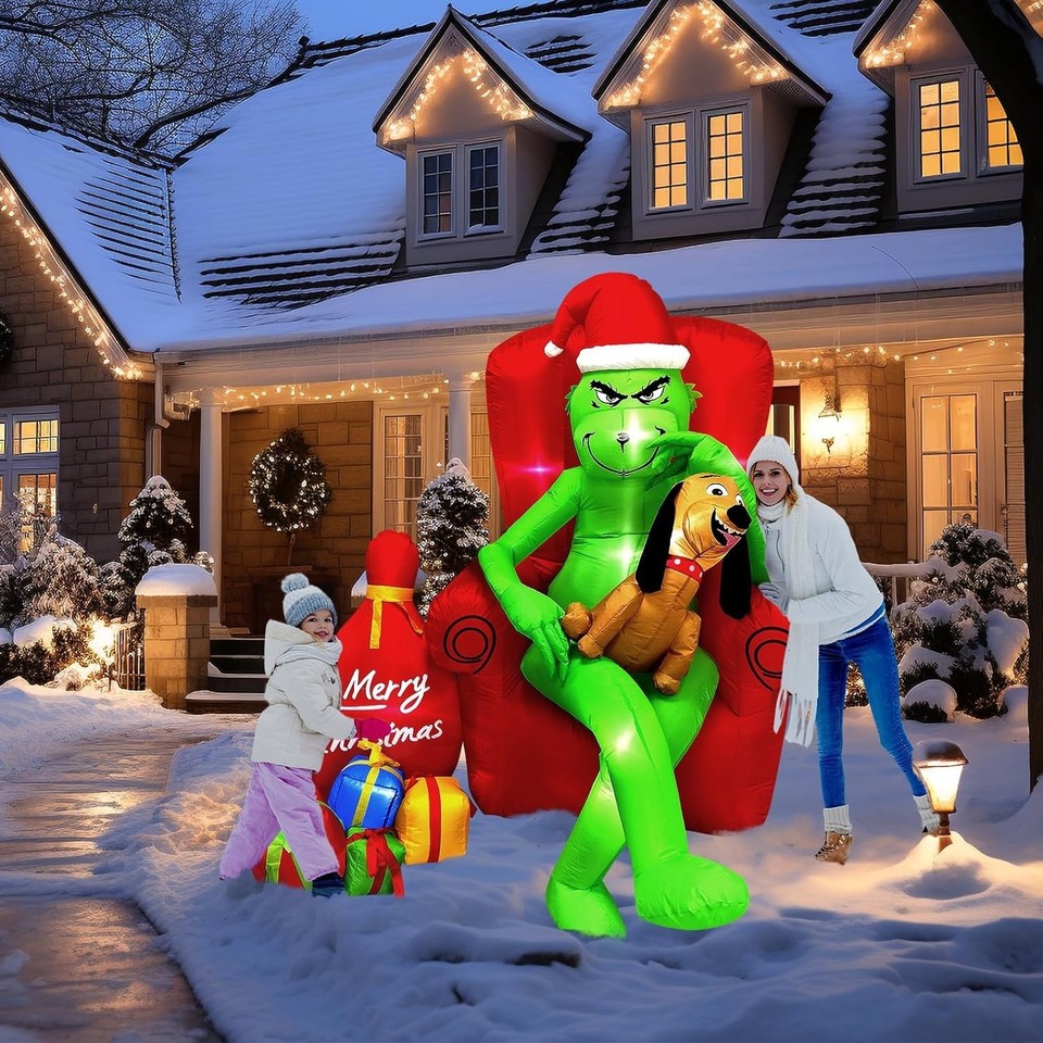 The Grinch Merry Christmas Inflatable w chair Yard Decor Santa Suit ...