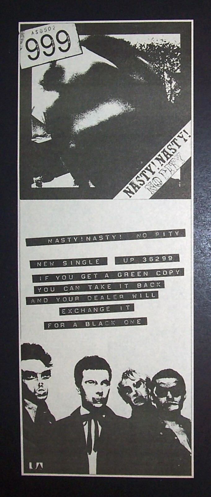 999 (The Band) Nasty! Nasty! No Pity 1977 Poster Type Ad, Promo Advert ...