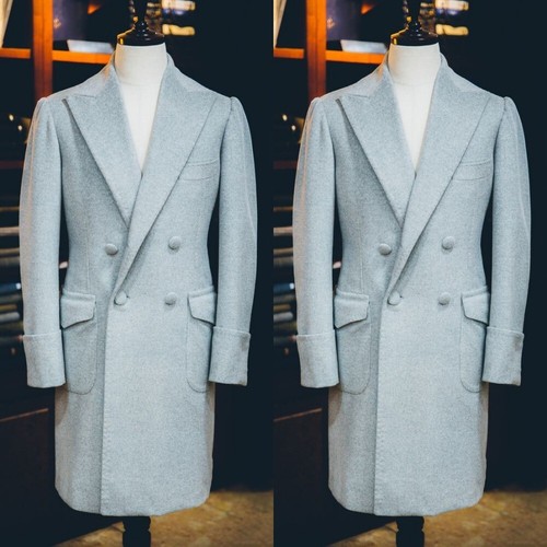 Light Blue Men's Long Overcoat Double Breasted Wide Lapel Leisure ...
