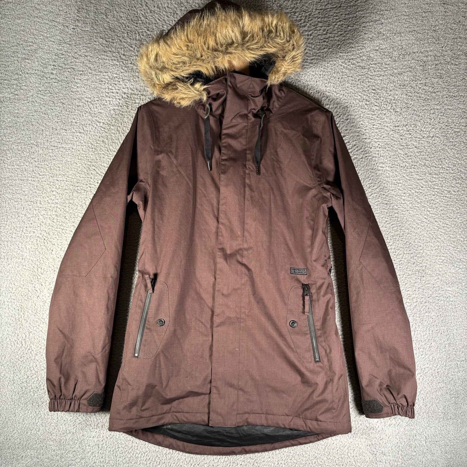 Volcom Ski Jacket 15K Hooded Faux Fur Trim Brown Snowboard Insulated ...