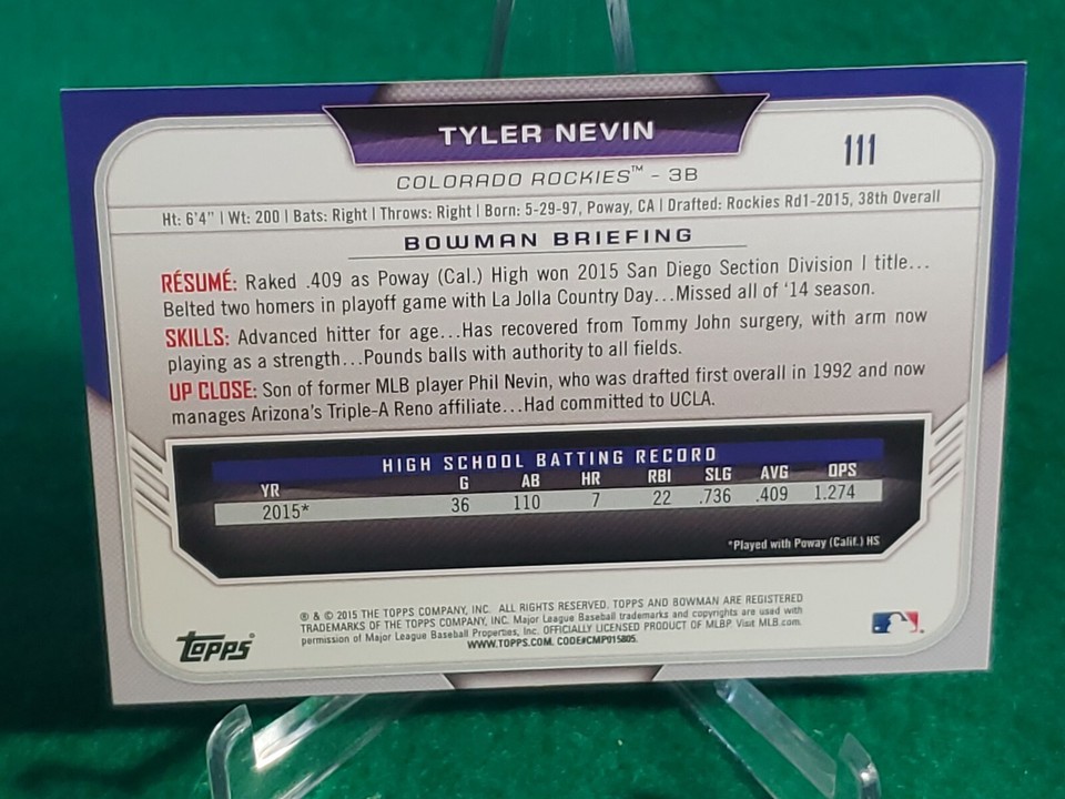 2015 Bowman 1st Tyler Nevin Rookie #111 Colorado Rockies | eBay