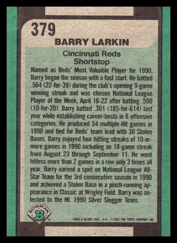 1991 Bowman Barry Larkin #379 Cincinnati Reds Baseball Card | eBay
