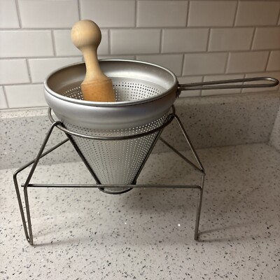 Vintage Aluminum Food Mill Cone Sieve Colander Strainer w/ Wood Pestle ...