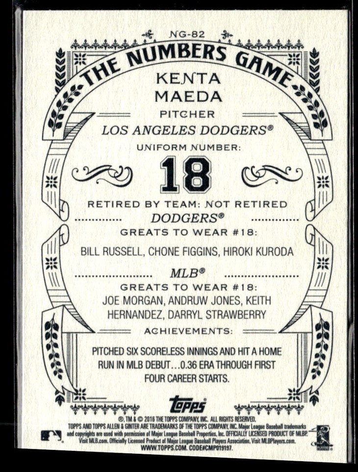 2016 Topps Allen & Ginter #NG-82 Kenta Maeda The Numbers Game RC | eBay