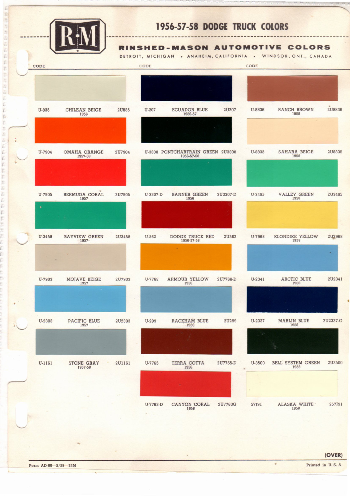 1955 1956 1967 1958 1959 DODGE TRUCK PAINT CHIPS 565758 RINSHED MASON 3 ...
