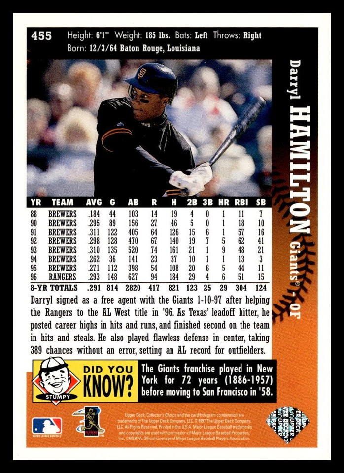 1997 Collector's Choice #455 Darryl Hamilton San Francisco Giants ...