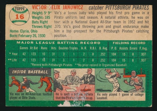 1954 Topps Baseball #16 VIC JANOWICZ (Pirates) *1950 Heisman Trophy FB ...