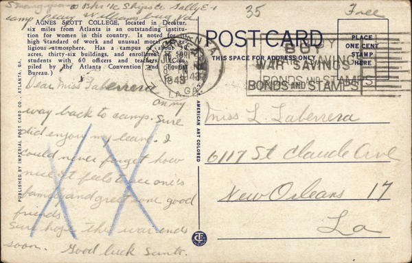 Decatur, Georgia GA Agnes Scott College 1943 Atlanta Antique Vintage ...