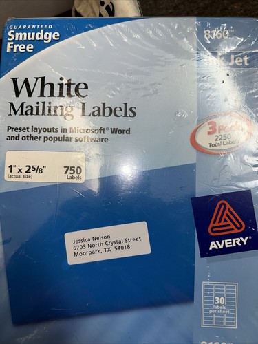 Avery 8160 White Mailing Labels Ink Jet 1" x 2 5/8" 2250 Label 75Full ...