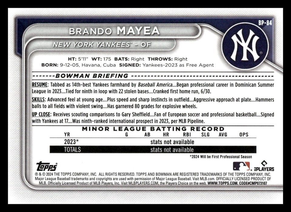 2024 Bowman Prospect #BP-84 Brando Mayea New York Yankees Baseball Card ...