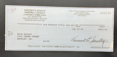 Vin Scully and Daughter Erin Signed - Autographed Check - Dodgers Great ...