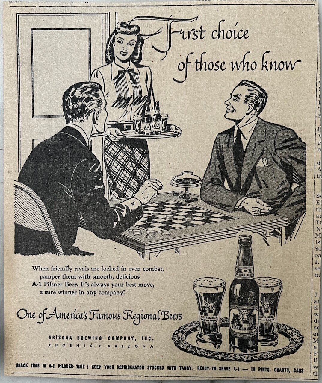 1948 newspaper ad for A-1 Beer - friendly rivals play game of checkers ...