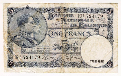 1938 Belgium 5 Frank Francs 724179 Paper Money Banknotes Currency | eBay