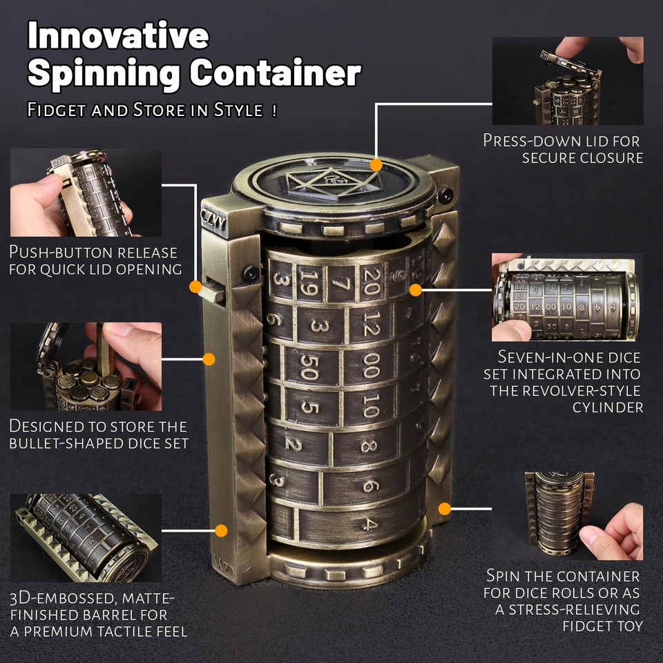 Rifle Bullet Dice Set - Solid Metal 7 Polyhedral Dice Set with Spinning ...