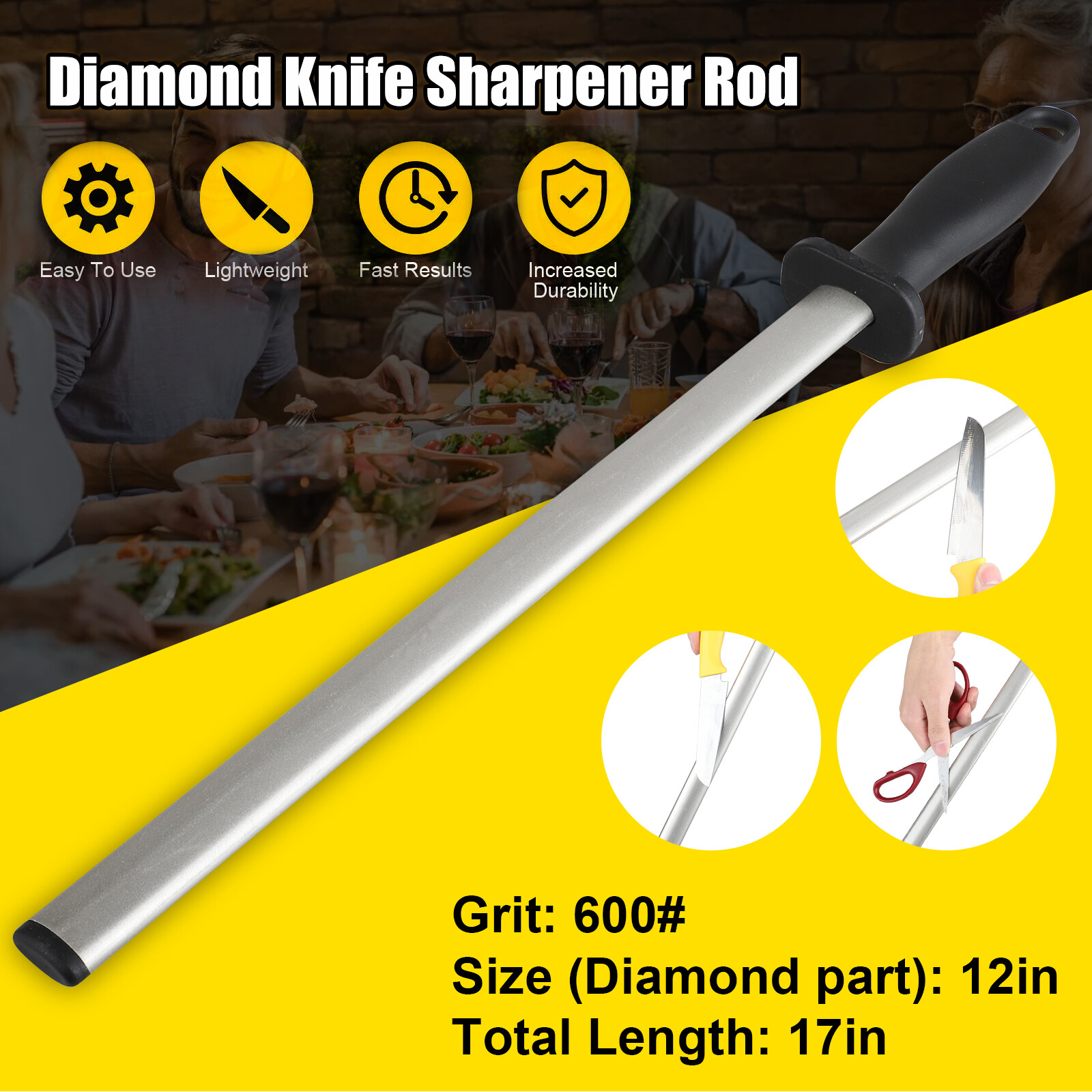 12-inch Diamond Knife Sharpening Steel Honing Rod Oval Stick Kitchen ...
