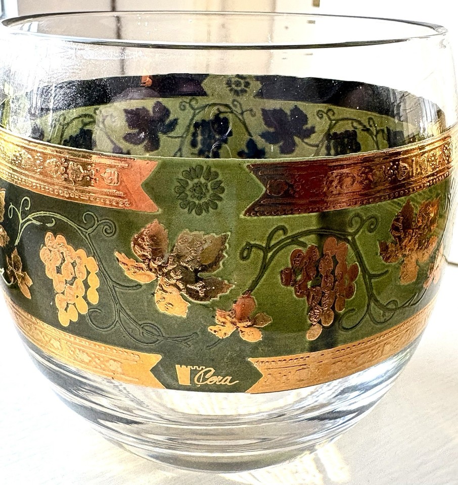 Cera MCM Roly Poly Whiskey Old Fashioned Glasses Green Vine 22K Gold ...