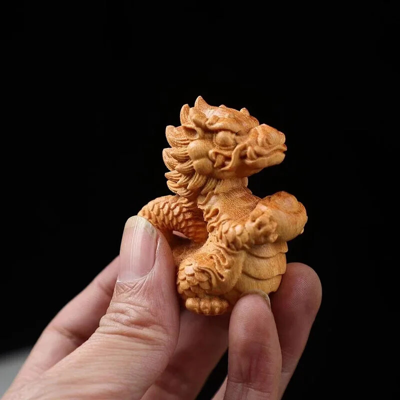 Wooden Small Fire Dragon Ingot Fortune Statue Hand Carved Mini Feng ...