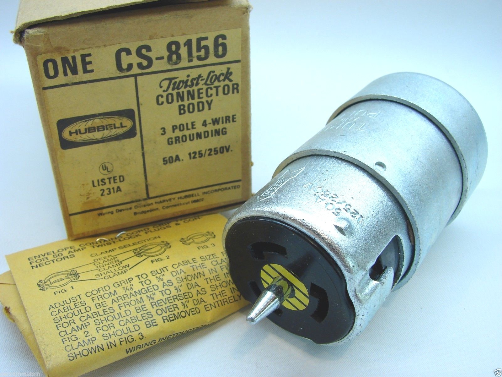 New Hubbell CS-8156 Twist-Lock Connector Body 125V/250V 50A 3-Pole 4 ...
