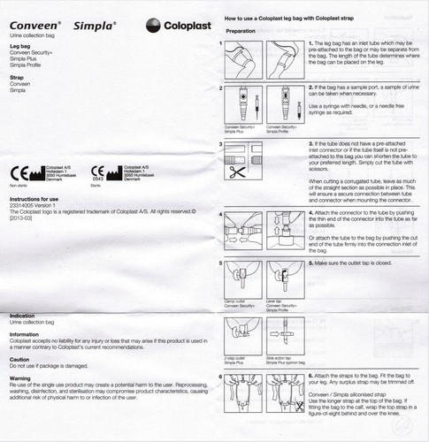 Coloplast Simpla Profile Urine Collection Leg Bag 21573 500ml No Straps ...
