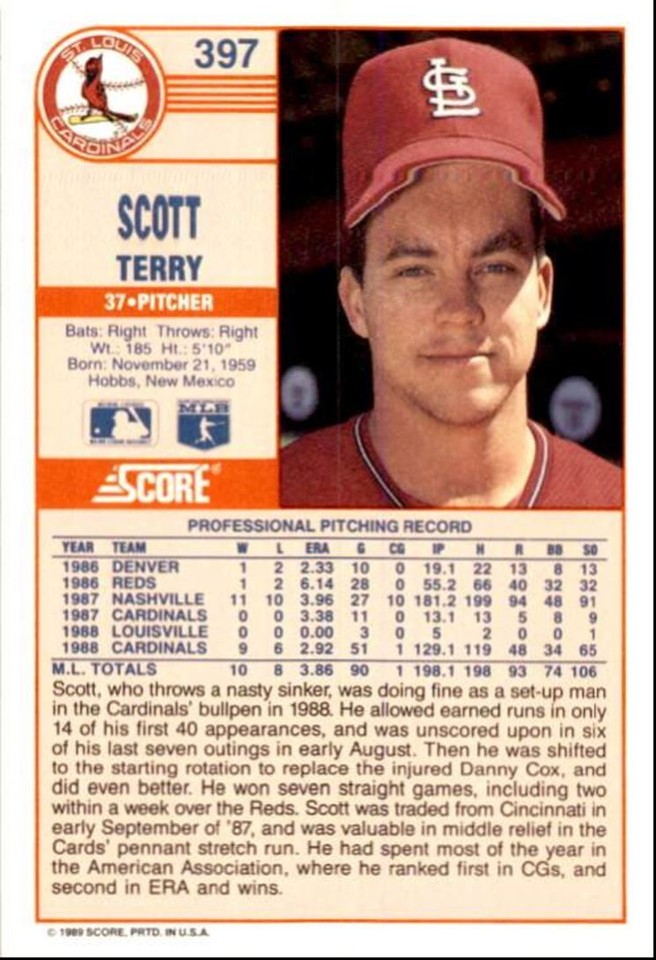 1989 Score Baseball Card Scott Terry St. Louis Cardinals #397 | eBay