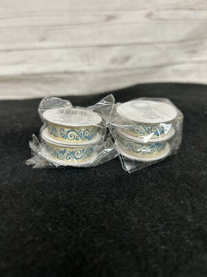 Lot of 2 Offray Aqua Scroll 3/8in Ribbon 24 Total Feet Off white beige ...