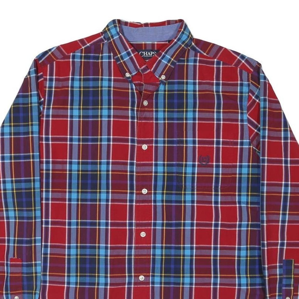 CHAPS Mens Red & Blue Check Shirt L Cotton Blend Button Down Long ...