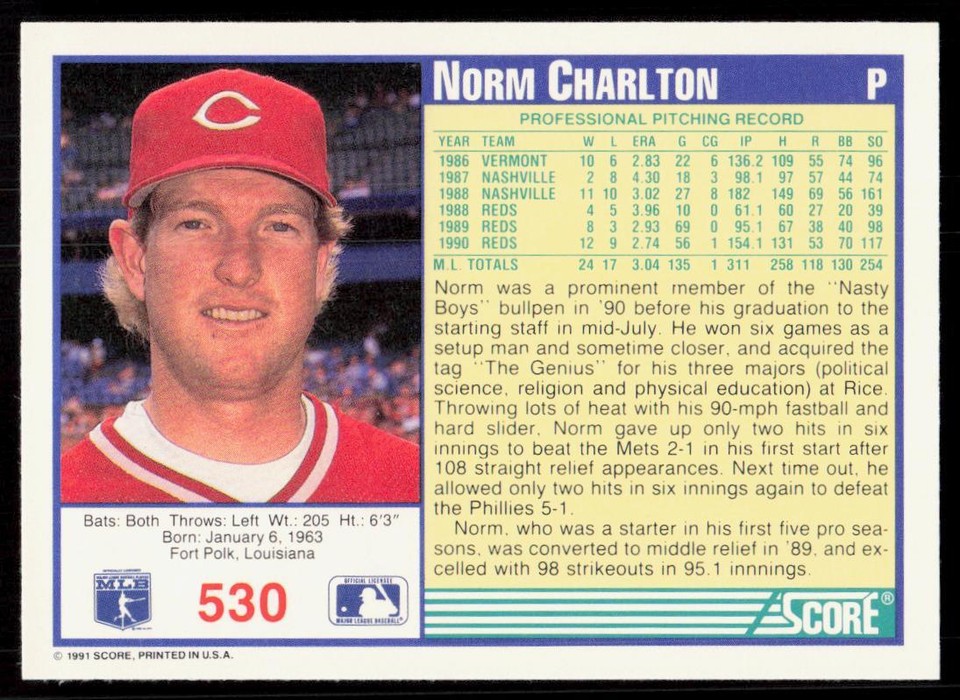 1991 Score 530 Norm Charlton Cincinnati Reds | eBay