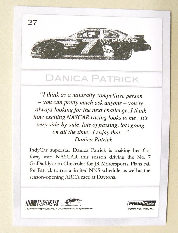 2010 Danica Patrick Press Pass Eclipse #27 Go Daddy NASCAR Rookie Card ...