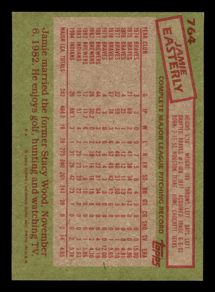 1985 Topps Baseball #764 Jamie Easterly Signed Autograph (No COA) *e1 ...