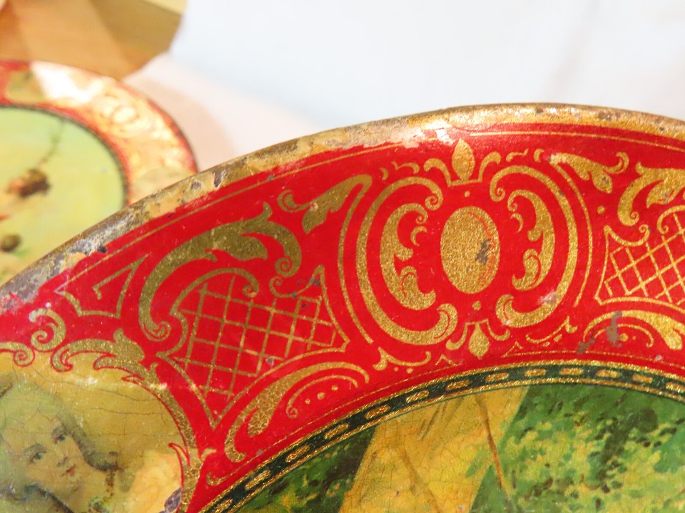 2 antique Victorian tin litho art plates with beautiful women as ...